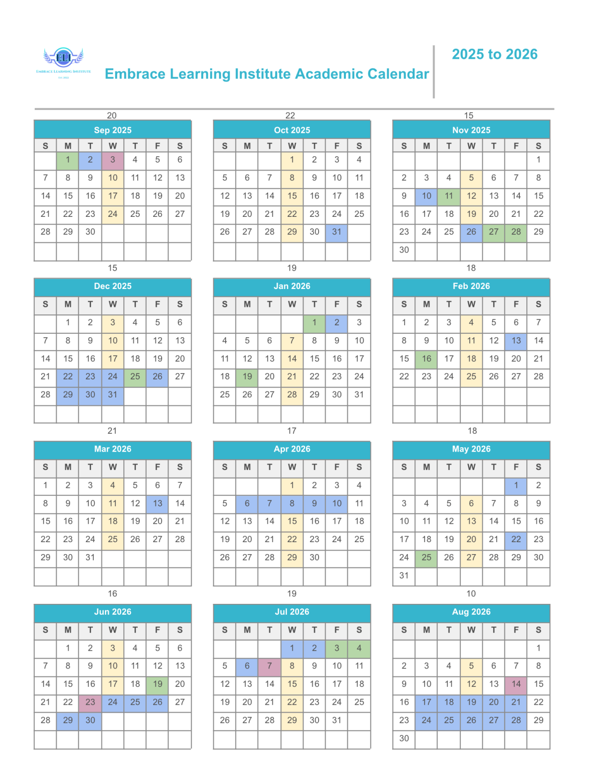 Academic Calendar – Embrace Learning Institute